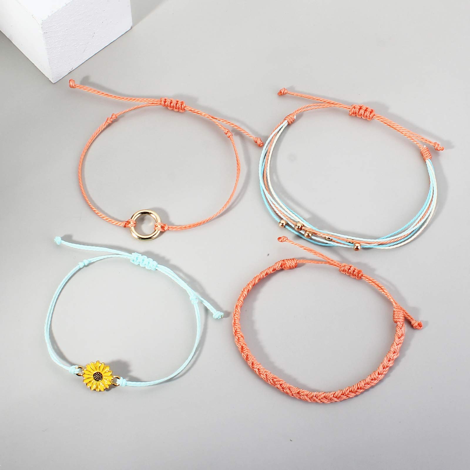 FANCY SHINY Sunflower String Bracelet Handmade Braided Rope Charms Boho Surfer Bracelet for Women(Coral)