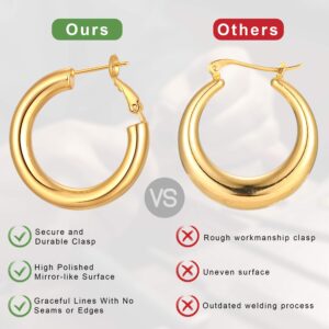 Thick Gold Hoop Earrings for Women 14K Gold Plated Chunky Hoops Hypoallergenic Lightweight Hollow Tube Earrings 30mm