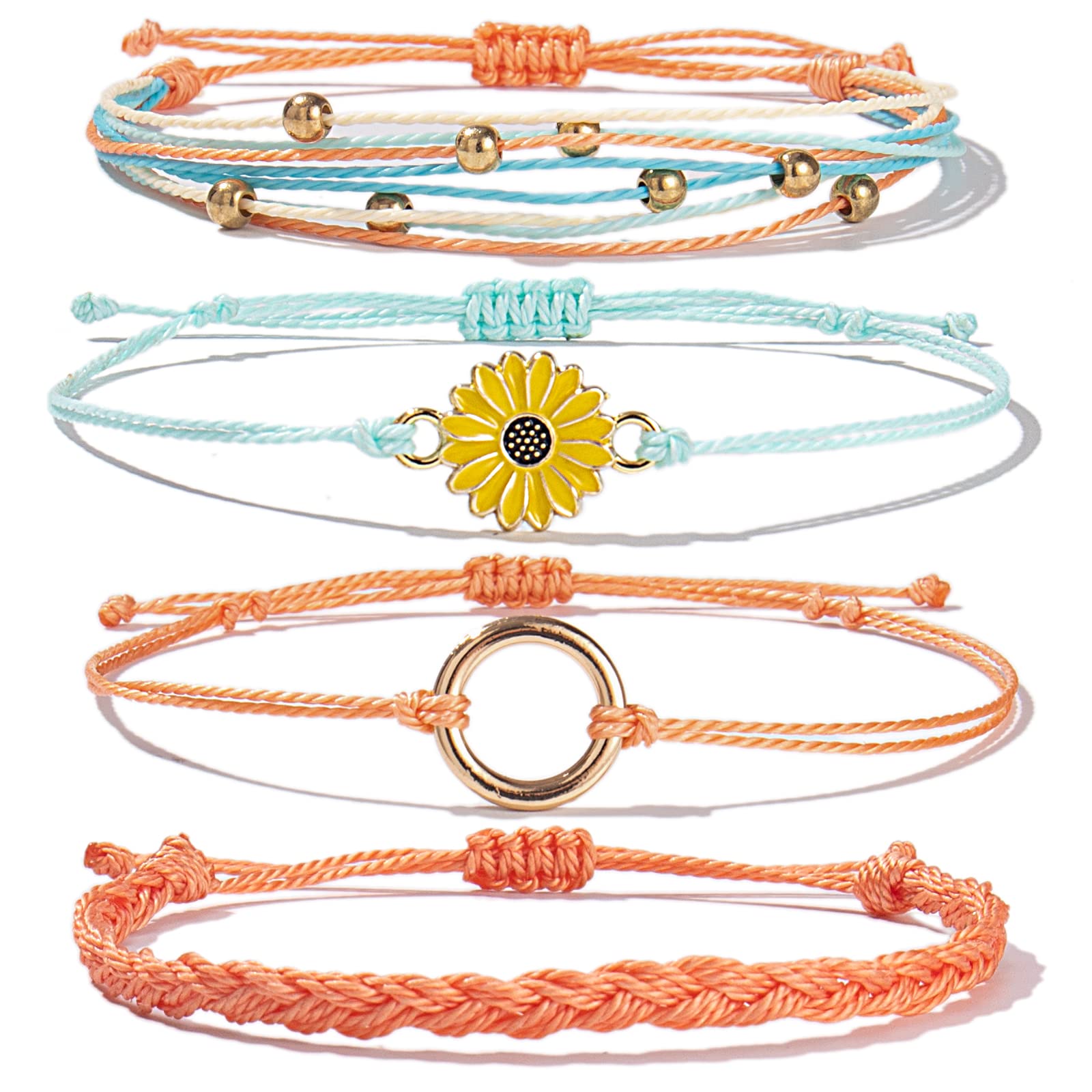 FANCY SHINY Sunflower String Bracelet Handmade Braided Rope Charms Boho Surfer Bracelet for Women(Coral)