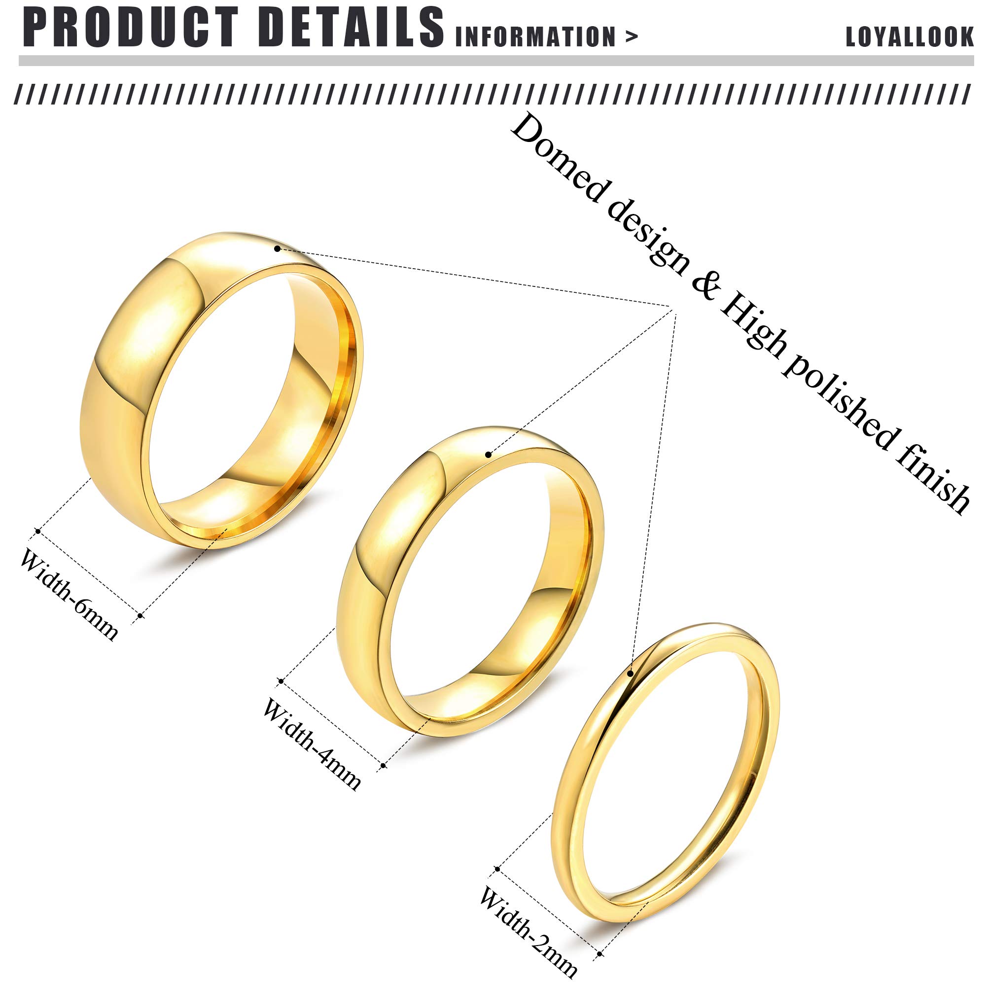 LOYALLOOK 2mm 4mm 6mm Gold Rings Stainless Steel Knuckle Rings Plain Dome Stackable Rings Wedding Band for Women Men 3Pcs Size 7