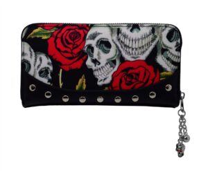 lost queen skulls & roses women's black wallet faux leather zip around