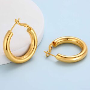 Thick Gold Hoop Earrings for Women 14K Gold Plated Chunky Hoops Hypoallergenic Lightweight Hollow Tube Earrings 30mm