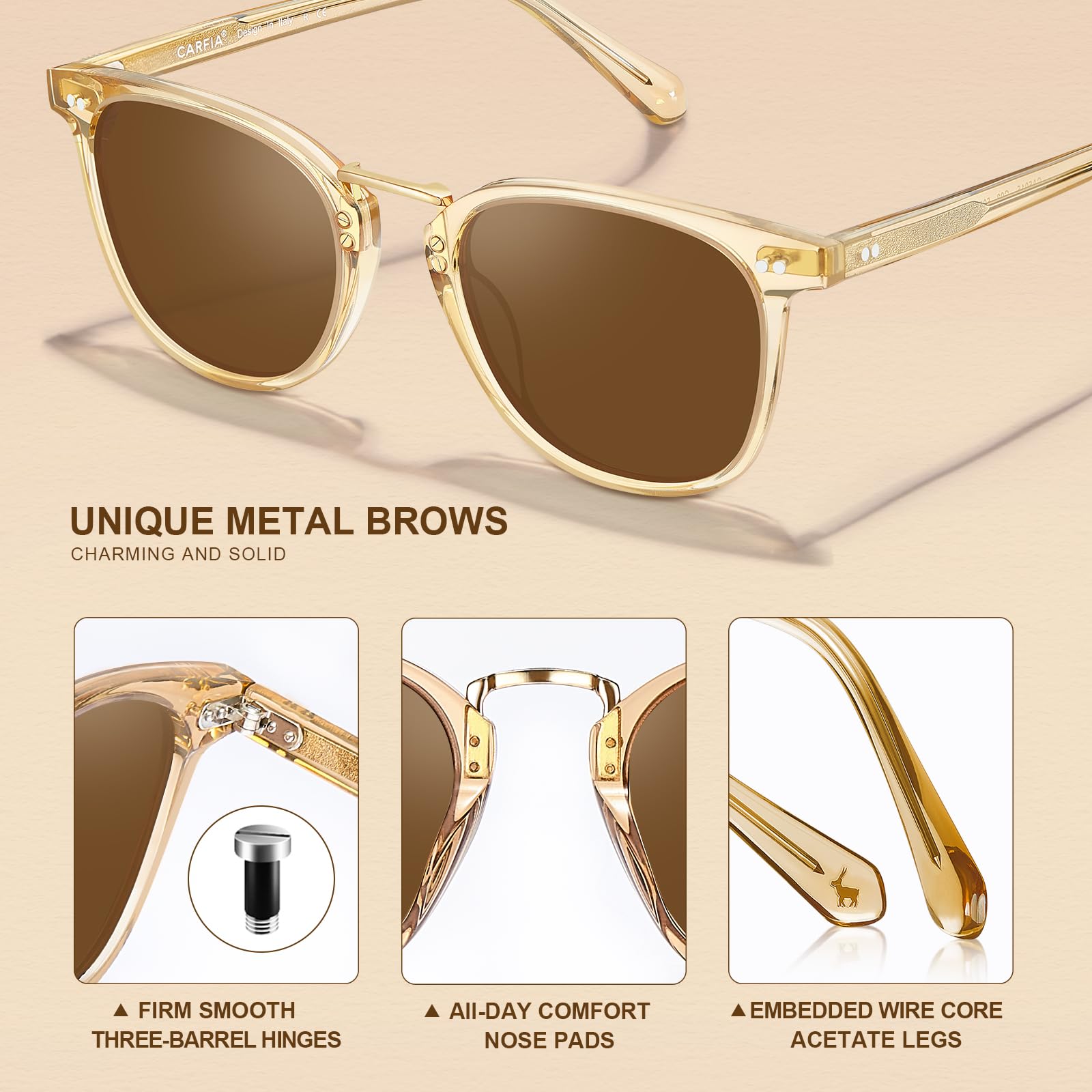 CARFIA Small Polarized Sunglasses for Women Hand-crafted Acetate Frame Fashion Retro Sun Glasses CA5015 Clear Tea