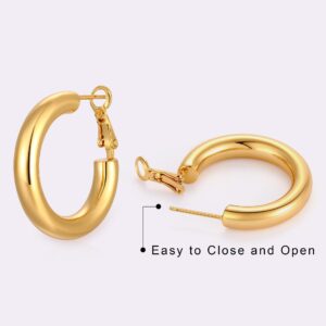 Thick Gold Hoop Earrings for Women 14K Gold Plated Chunky Hoops Hypoallergenic Lightweight Hollow Tube Earrings 30mm