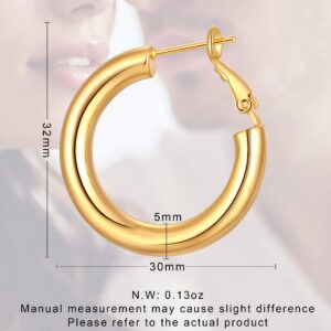 Thick Gold Hoop Earrings for Women 14K Gold Plated Chunky Hoops Hypoallergenic Lightweight Hollow Tube Earrings 30mm