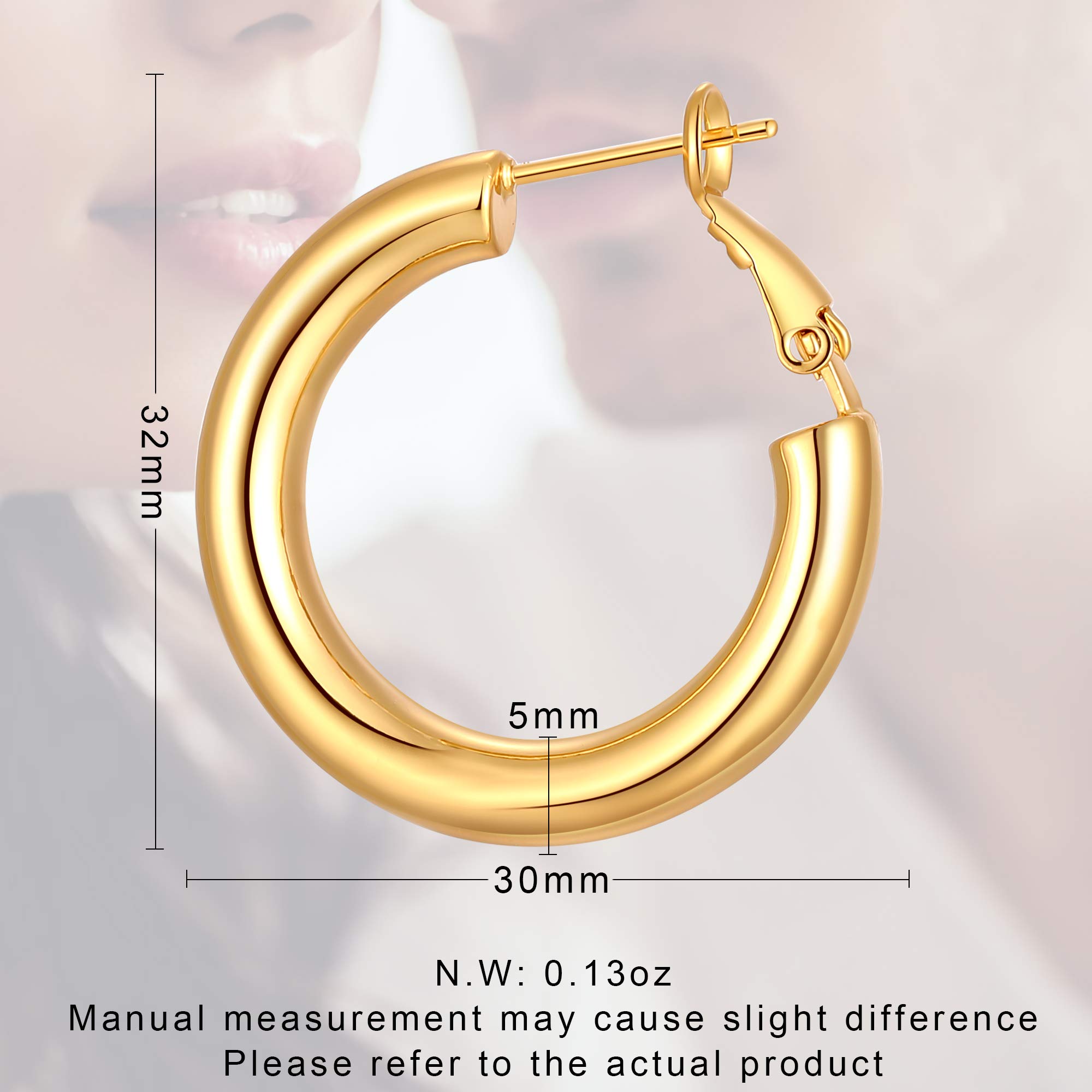 Thick Gold Hoop Earrings for Women 14K Gold Plated Chunky Hoops Hypoallergenic Lightweight Hollow Tube Earrings 30mm