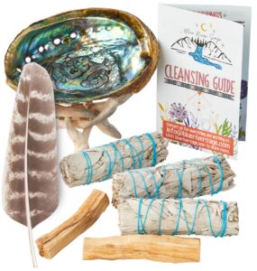 home cleansing & smudging kit with 3 white sage, 2 palo santo, abalone & stand, smudge feather & guide (deluxe)