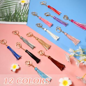 Hicarer 12 Pieces Leather Tassels Keychain Key Rings Circle PU Leather Tassel for Women Tassel Keychain Bulk Tassels Lanyard Key Chain Holder with Lobster Swivel Bag Pendant Accessories Key Wallet