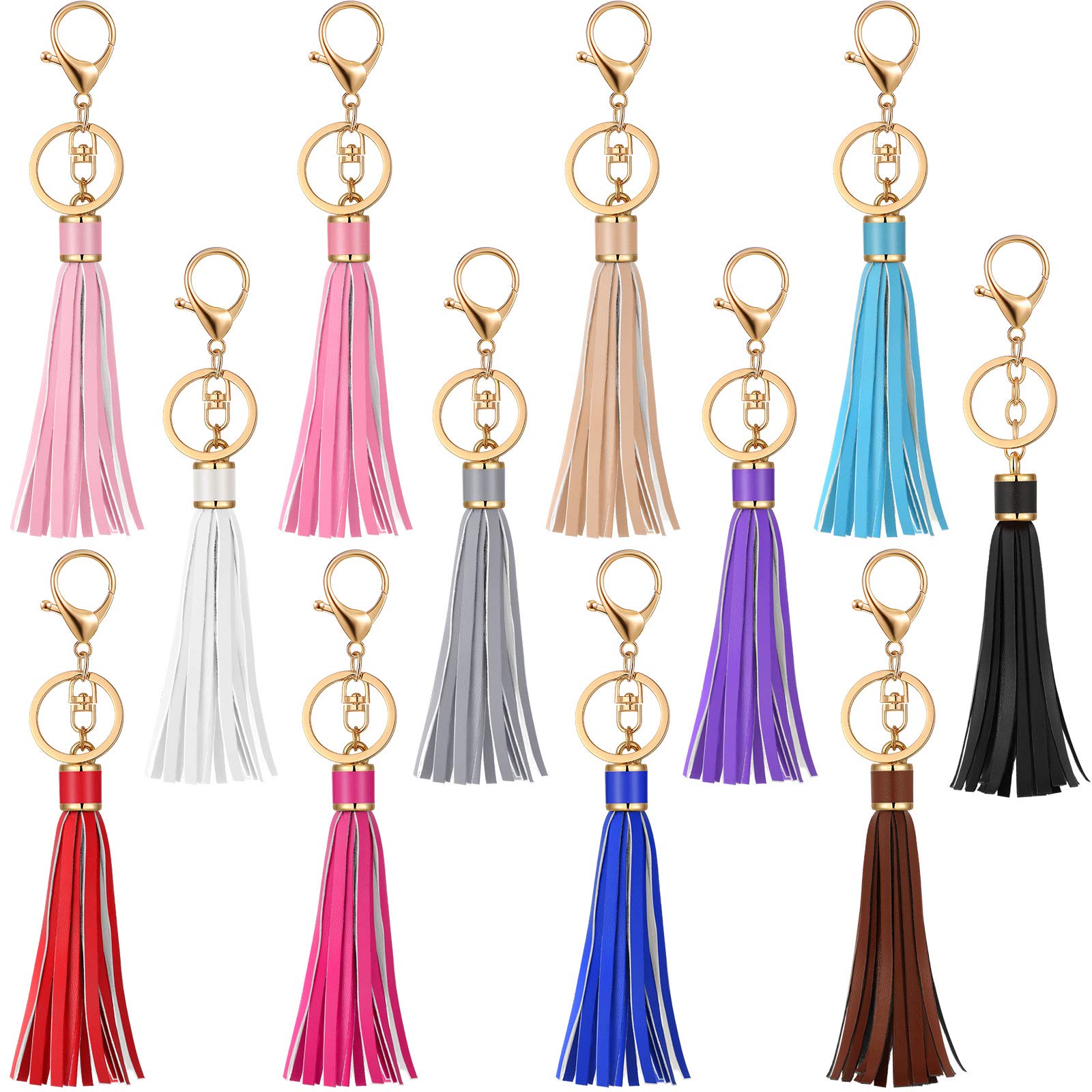 Hicarer 12 Pieces Leather Tassels Keychain Key Rings Circle PU Leather Tassel for Women Tassel Keychain Bulk Tassels Lanyard Key Chain Holder with Lobster Swivel Bag Pendant Accessories Key Wallet