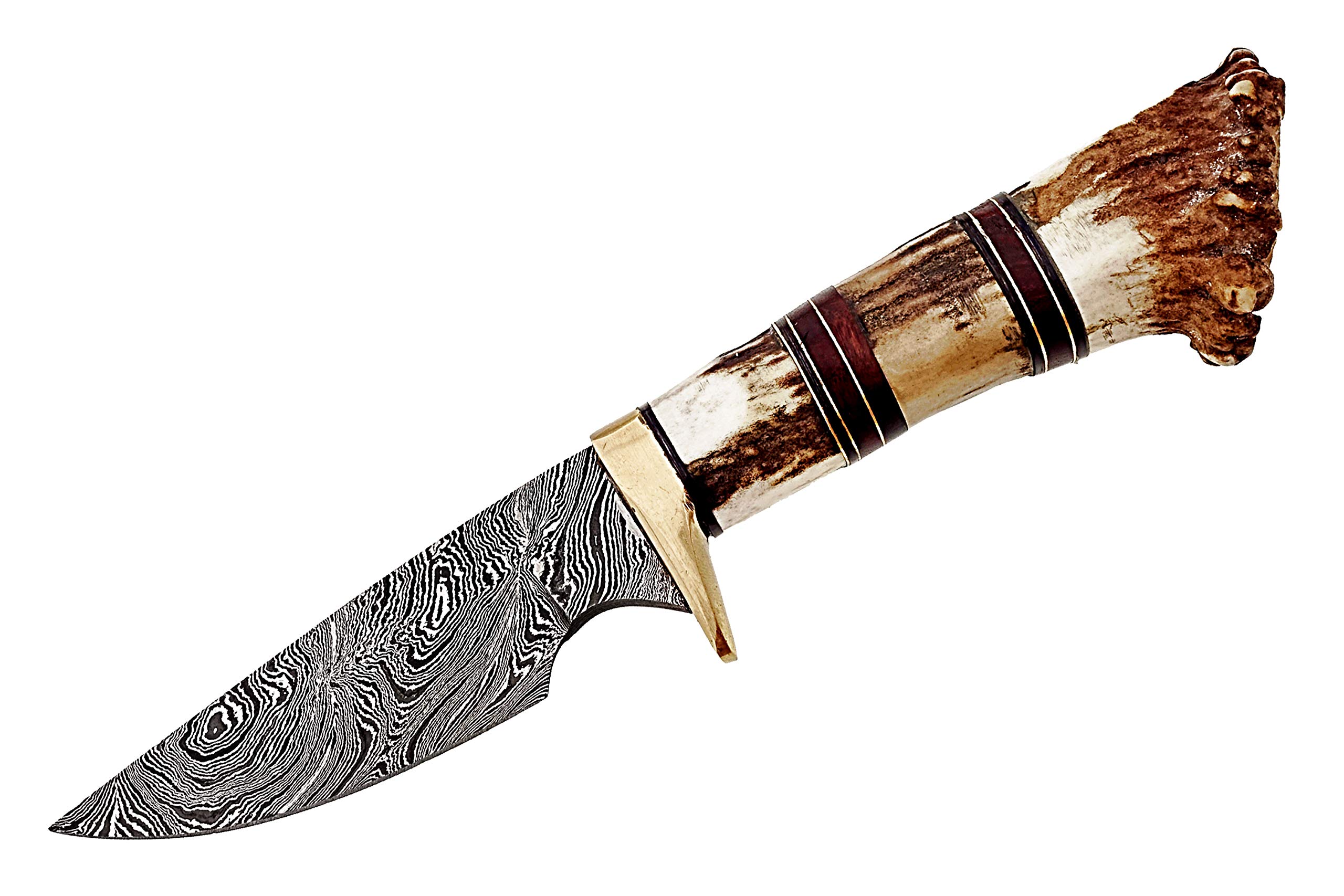 Damascus Steel Hunting Knife - Fixed Blade Knives with Sheath - Firm Grip Handle Made of Stag Horn(ST2)