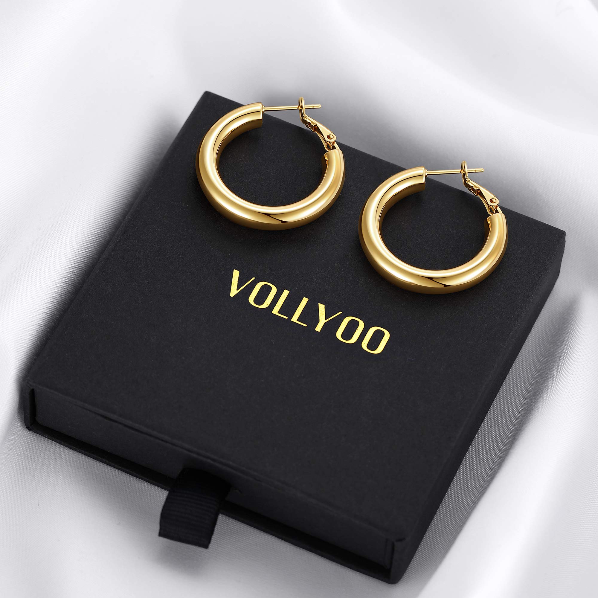 Thick Gold Hoop Earrings for Women 14K Gold Plated Chunky Hoops Hypoallergenic Lightweight Hollow Tube Earrings 30mm