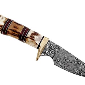 Damascus Steel Hunting Knife - Fixed Blade Knives with Sheath - Firm Grip Handle Made of Stag Horn(ST2)