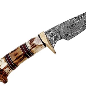 Damascus Steel Hunting Knife - Fixed Blade Knives with Sheath - Firm Grip Handle Made of Stag Horn(ST2)