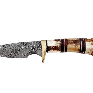 Damascus Steel Hunting Knife - Fixed Blade Knives with Sheath - Firm Grip Handle Made of Stag Horn(ST2)