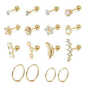 sailimue 16pcs 16g studs for women surgical stainless steel helix tragus couch hoop piercing earrings set opal shiny cz cartilage earrings silver/gold/rose gold tone