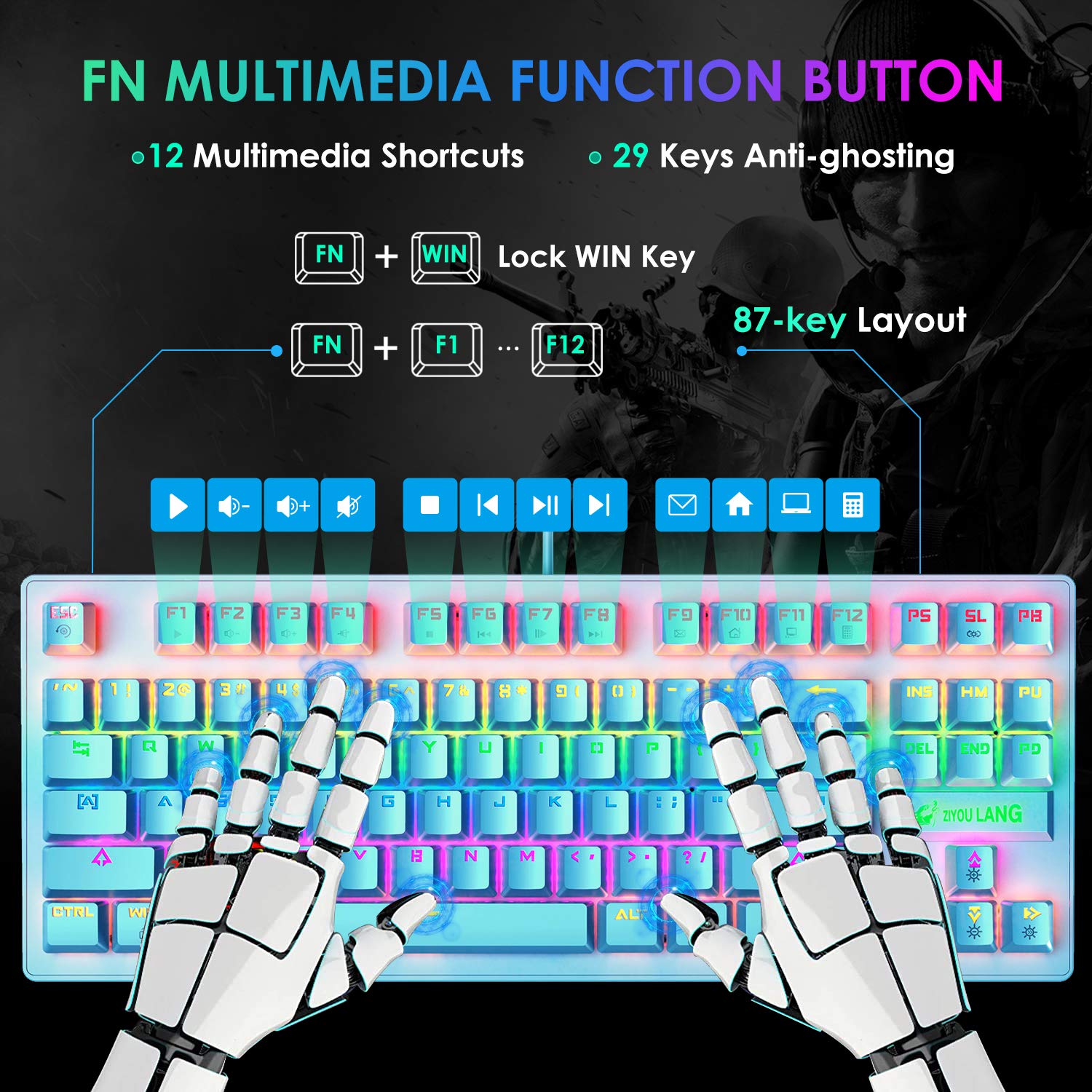 Mechanical Gaming Keyboard Blue Switch Mini 82 Keys Wired Rainbow LED Backlit Keyboard,Lightweight Gaming Mouse 6400DPI Honeycomb Optical,Gaming Mouse Pad for Gamers and Typists(Blue)