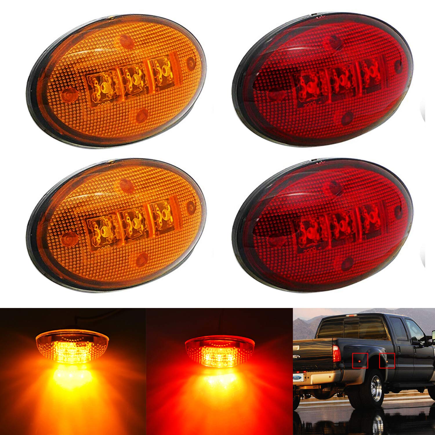 KEING Dually Bed Fender Side Marker LED Lights For Ford 1999-2020 F250 F350 F450 F550 (2PCS Red + 2PCS Amber)