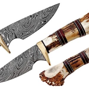 Damascus Steel Hunting Knife - Fixed Blade Knives with Sheath - Firm Grip Handle Made of Stag Horn(ST2)