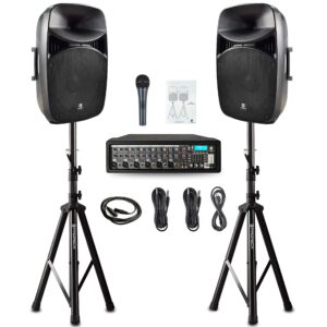 proreck mx15 15inch 2500w bluetooth powered pa system mixer/amp with stands/mic effect controller 48v phantom power, audio interface