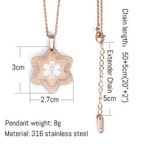 BAIYI HOPE Personalized Rose Gold Medical Alert ID Necklace for Women Star Glitter Dog Tag Pendant Chain for Girls, 20“ (Free Engraving)