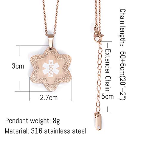 BAIYI HOPE Personalized Rose Gold Medical Alert ID Necklace for Women Star Glitter Dog Tag Pendant Chain for Girls, 20“ (Free Engraving)