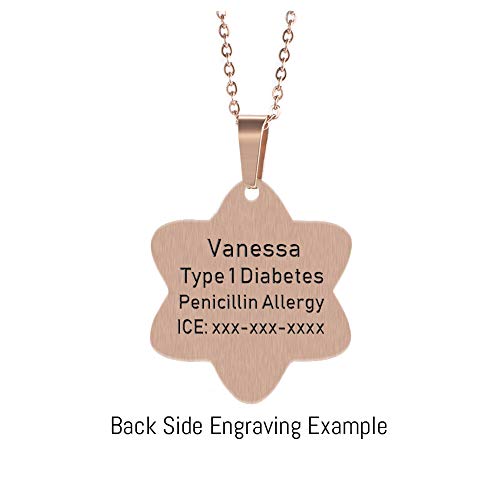 BAIYI HOPE Personalized Rose Gold Medical Alert ID Necklace for Women Star Glitter Dog Tag Pendant Chain for Girls, 20“ (Free Engraving)