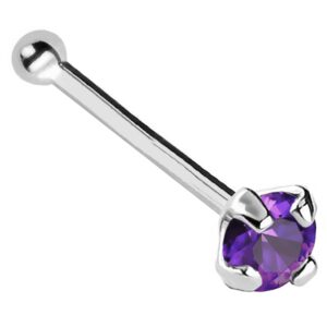 jewelry avalanche 22g solid 14kt gold nose bone stud with prong set real amethyst gemstone, 14kt yellow gold or 14kt white gold - february birthstone nose ring-nbwg_amt-2mm