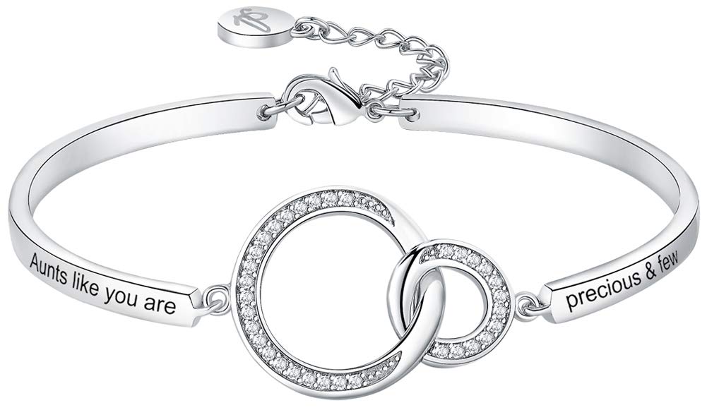 Aihitero Christmas Auntie Gift, Engraved ‘Aunts like You Are Precious & Few’ Interlocking Circles Bangle Bracelet, White Gold Women Jewelry, Birthday Valentine Day Xmas Present from Nephew and Niece