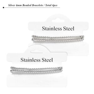 by you Stainless Steel Gold Silver Beaded Ball Bracelets for Women Stretchable Elastic Bracelet Set (4mm / 4pcs - Silver)