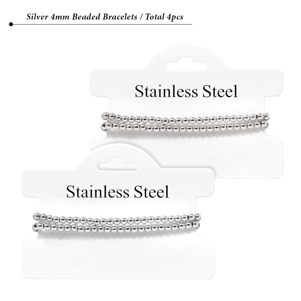 by you Stainless Steel Gold Silver Beaded Ball Bracelets for Women Stretchable Elastic Bracelet Set (4mm / 4pcs - Silver)