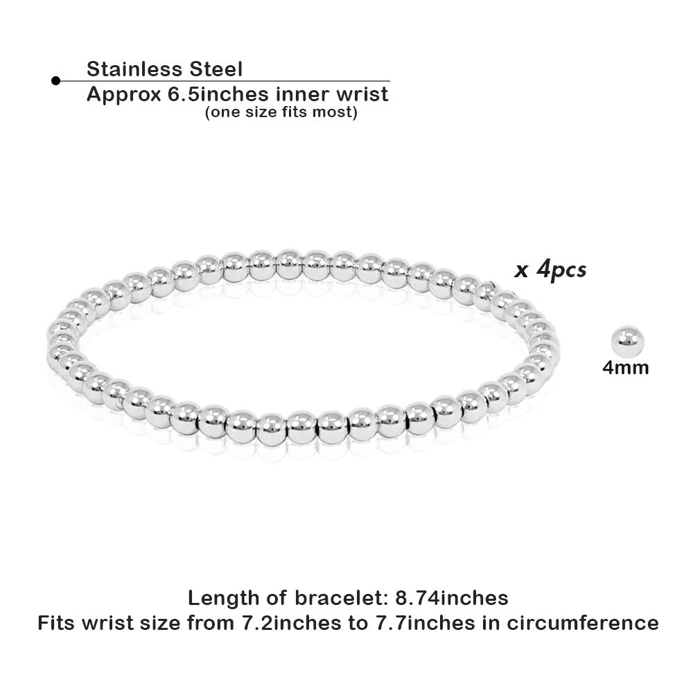 by you Stainless Steel Gold Silver Beaded Ball Bracelets for Women Stretchable Elastic Bracelet Set (4mm / 4pcs - Silver)