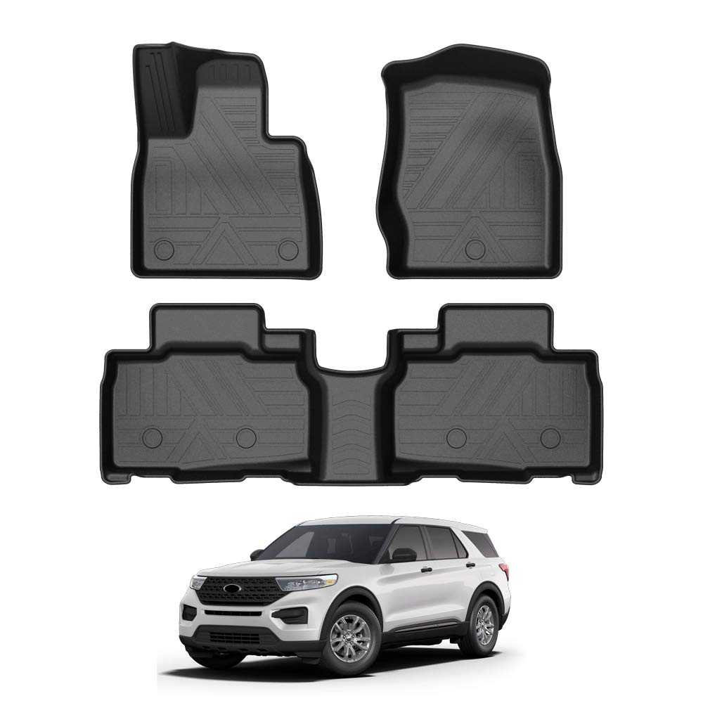 KUST Floor Mats for Ford Explorer 2020-2024 (Fits 6 and 7 Passenger Models), All Weather Floor Liners, TPE Car Mats Front Rear 2 Row Liner Black Non-Slip