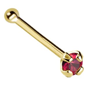 jewelry avalanche 22g solid 14kt gold nose bone stud with prong set real ruby gemstone, 14kt yellow gold or 14kt white gold - july birthstone nose ring-nbyg_rb-1.5mm