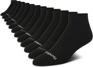 reebok men's athletic quarter socks with cushion comfort (12 pack), size 6-12.5, all black