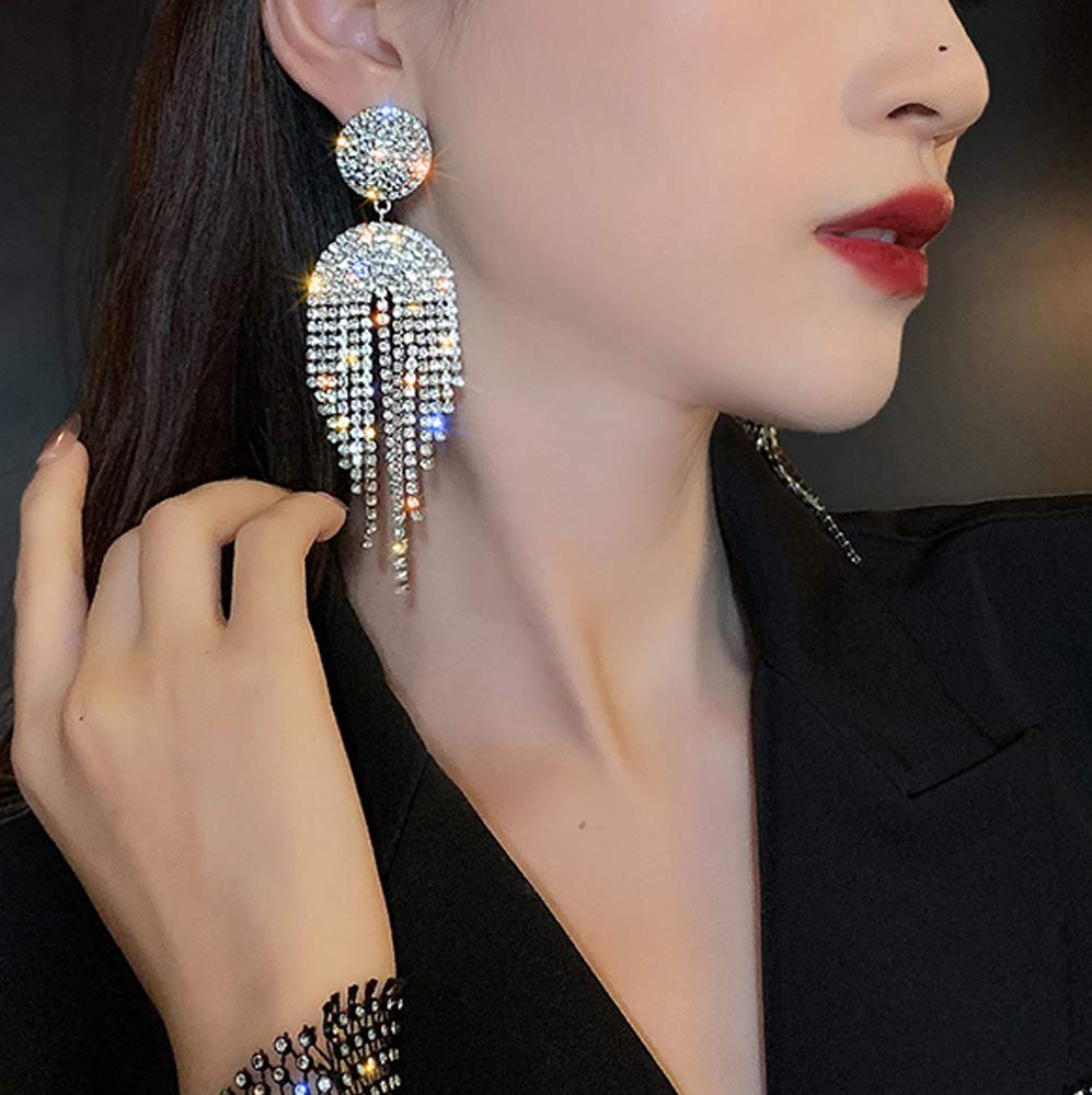 Missgrace Bohemian Dainty Full Rhinestones Statement Drop Dangle Earrings for Women Fashion Girls Tessels Earrings Set Silver Stud Hoops Bar Earrings Set for Women (Pattern 1)