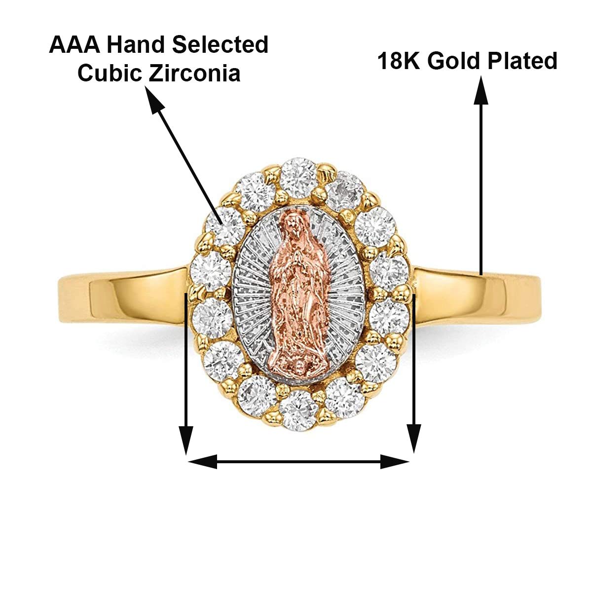 Savlano 18K Gold Plated White Yellow & Rose Three Color Lady of Guadalupe Virgin Mary With Round Cut Cubic Zirconia Women's Religious Ring (6)