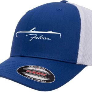 1960-63 Ford Falcon Convertible Outline Design Flexfit Trucker Mesh Fitted Cap Royal/White