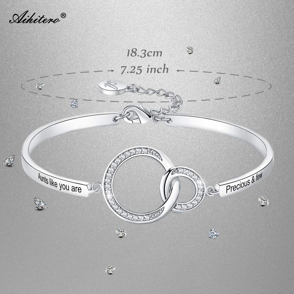 Aihitero Christmas Auntie Gift, Engraved ‘Aunts like You Are Precious & Few’ Interlocking Circles Bangle Bracelet, White Gold Women Jewelry, Birthday Valentine Day Xmas Present from Nephew and Niece