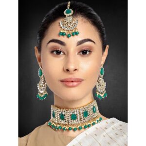 Aheli Bridal Kundan Faux Pearl Choker Necklace with Earrings Maang Tikka for Women Girls Indian Traditional Bollywood Fashion Jewelry Set Green