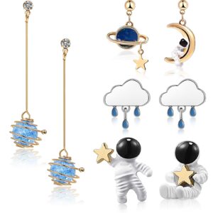 4 pairs astronaut stud earrings asymmetric spaceman star moon earrings planet star stud dangle earrings for women (cute style)