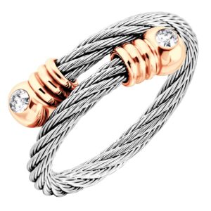 555jewelry cute stainless steel twisted cable adjustable ring for women & ladies, modern sparky cubic zirconia open ring for women, stackable womens ring, silver & rose gold