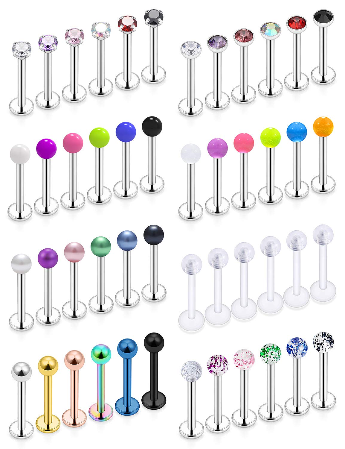 Ftovosyo 48Pcs Lip Rings 16G Surgical Steel Labret Studs Monroe Ring Piercing Jewelry for Women Men Conch Cartilage Tragus Helix Earring Barbells Retainer 8mm Silver-Tone Rose Gold Black