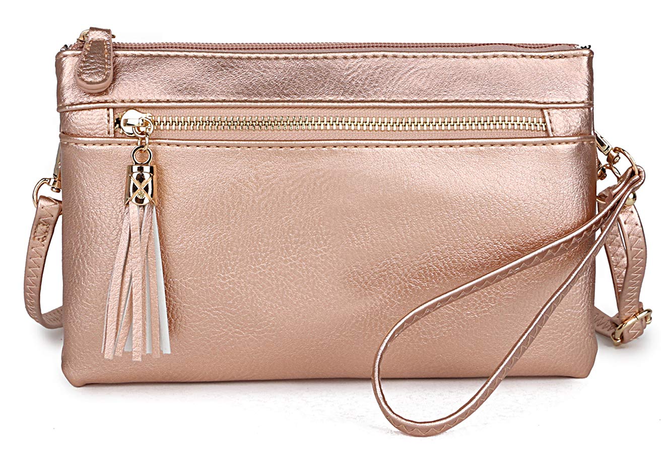 Women's Lightweight Multi Compartment Wristlet Clutch Wallet Crossbody Bag - (WU021-ROSE GOLD)