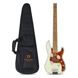 traveler guitar tb-4p bass | 4 string electric bass guitar with in-body tuning, pearl white, medium scale, headphone output, compact gig bag included