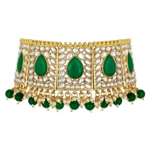 Aheli Bridal Kundan Faux Pearl Choker Necklace with Earrings Maang Tikka for Women Girls Indian Traditional Bollywood Fashion Jewelry Set Green