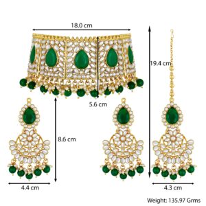 Aheli Bridal Kundan Faux Pearl Choker Necklace with Earrings Maang Tikka for Women Girls Indian Traditional Bollywood Fashion Jewelry Set Green