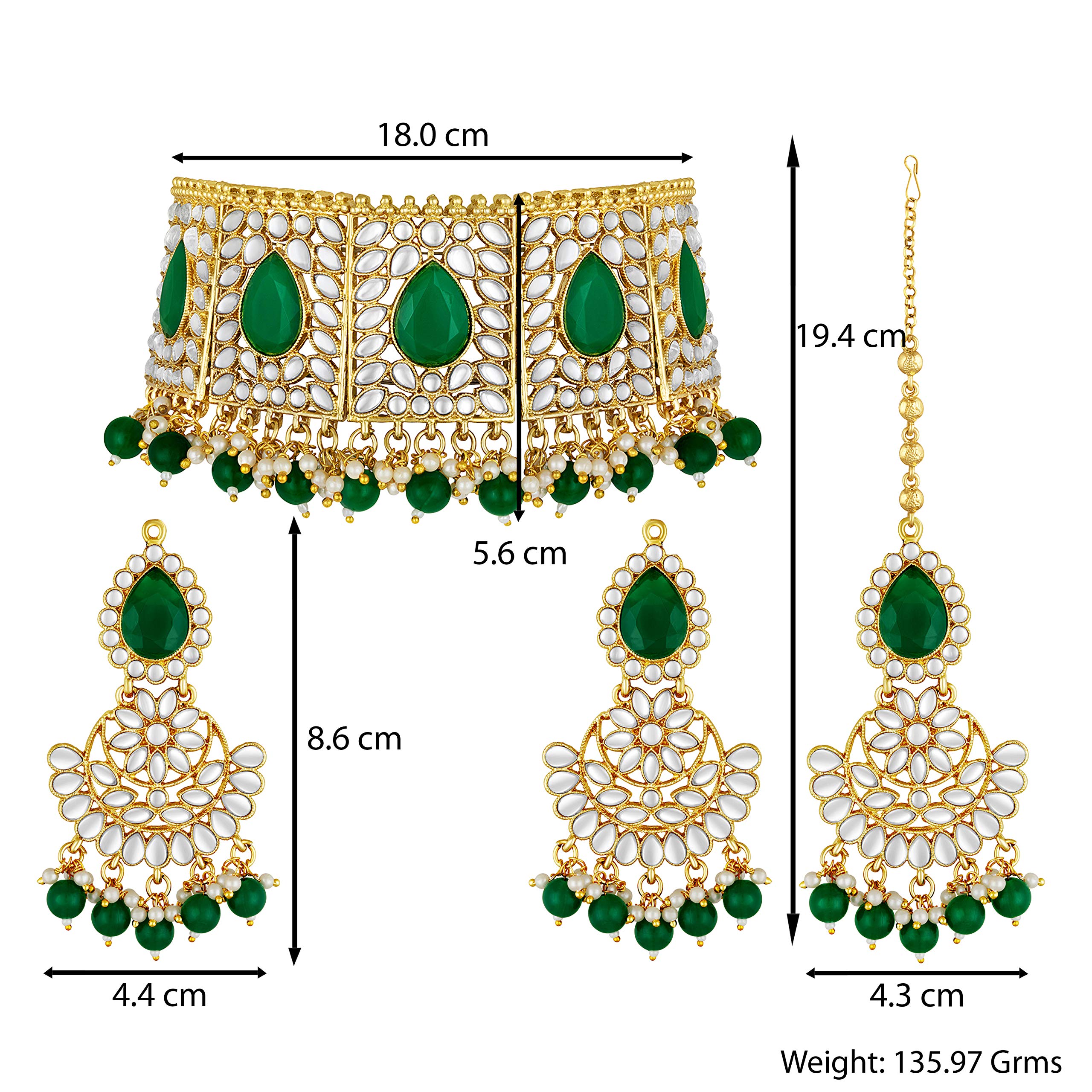 Aheli Bridal Kundan Faux Pearl Choker Necklace with Earrings Maang Tikka for Women Girls Indian Traditional Bollywood Fashion Jewelry Set Green