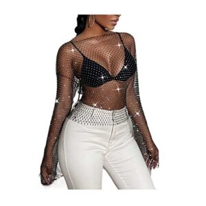 yokawe black fishnet rhinestone crop top, long sleeve mesh glitter party festival top for women & girls