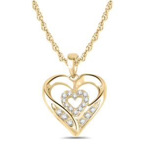 cali trove, 1/10cttw diamond double heart pendant necklace for women in 10k yellow gold, women's yellow gold double heart necklace with diamond accents, 18" rope chain