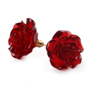 925 sterling silver earrings rose flower, pretty blooming carved red rose dangle earrings tiny resin rose for women for teen for mother